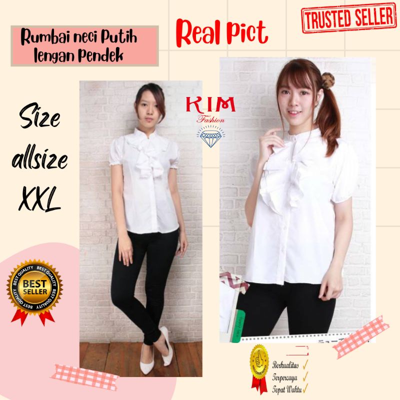 Jual Kimfashion209 - Kemeja putih lengan pendek rumbai dada ruffle neci ...