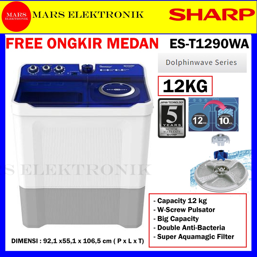 Jual MESIN CUCI SHARP ES-T1290 WA / 1270 12 KG / DOLPHINWAVE SERIES ...