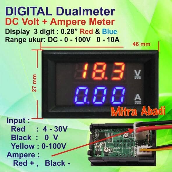 Jual Dualmeter Combo Voltmeter-Amperemeter 10A 100V DC 4V-30V | Shopee ...