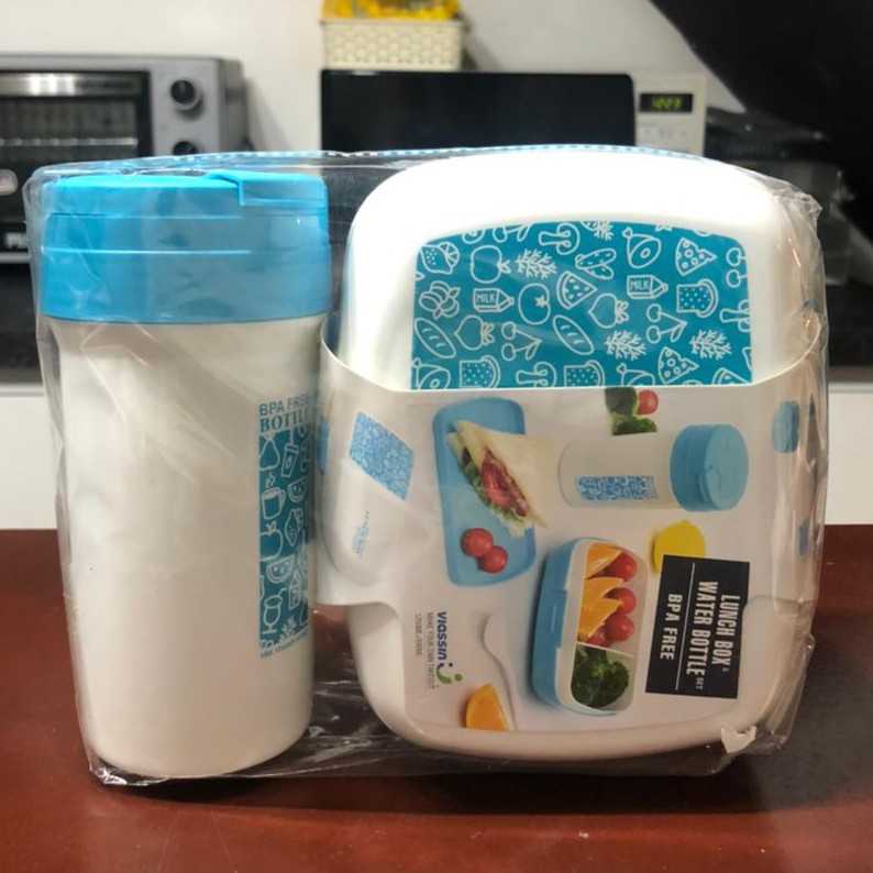 Jual Kotak makan botol minum kotak bekal lunch box set VIASSIN BPA free foodgrade BARU | Shopee ...
