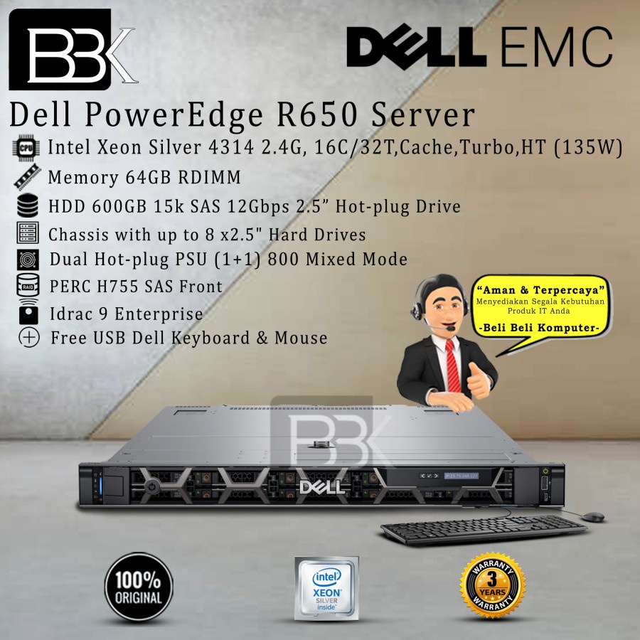 Jual Server Dell PowerEdge R650 Xeon Silver 4314 64GB 600GB SAS 3 Year ...