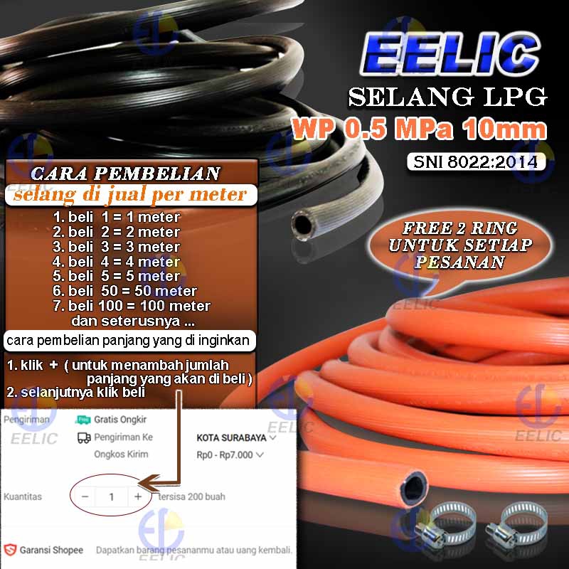 Jual EELIC Selang gas lpg panjang 1 meter diameter dalam 10mm WP 0.5 ...