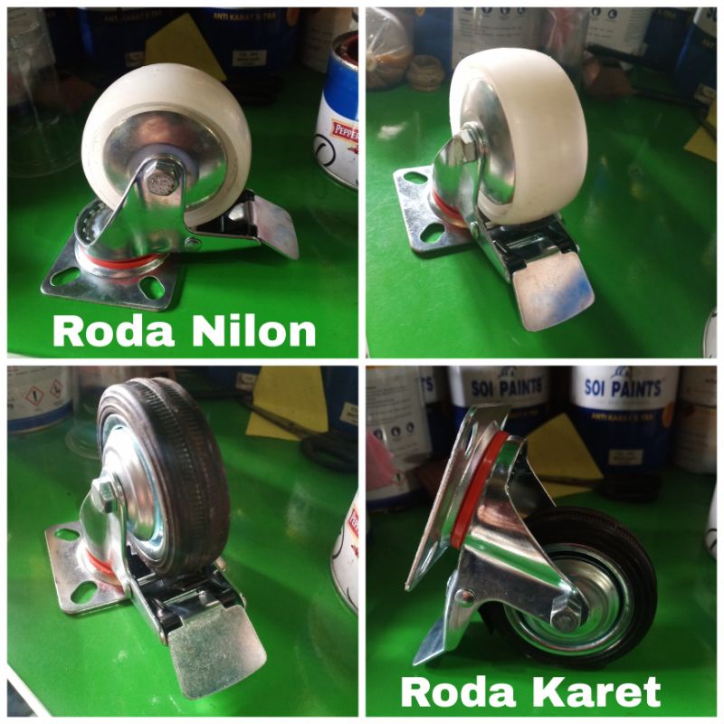 Jual Roda karet dan roda Nilon 3 inch ada Rem(4 Roda/1 Set) | Shopee ...