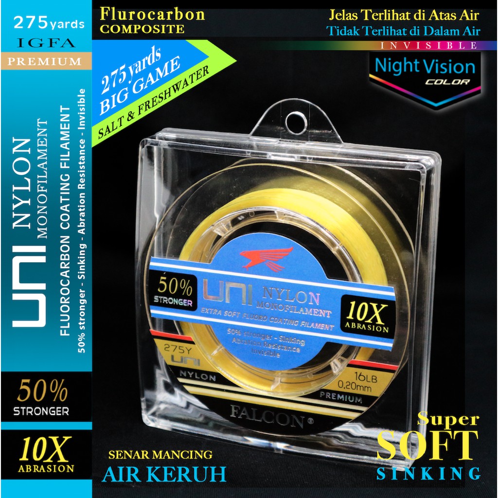 Jual Senar Pancing Falcon UNI 275 yards / 250M Yellow NV Night Vision ...