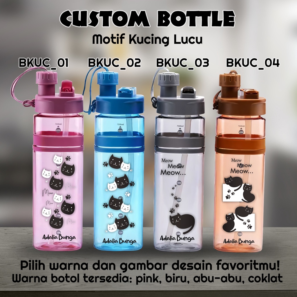 Jual Botol Minum 2in1 Gambar Motif Kucing Lucu - Bisa Custom Nama ...