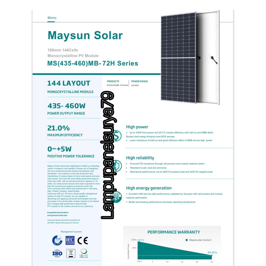 Jual Solar Panel Surya Solarcell 450WP Monocrystalline PV 450wp MS450MB ...