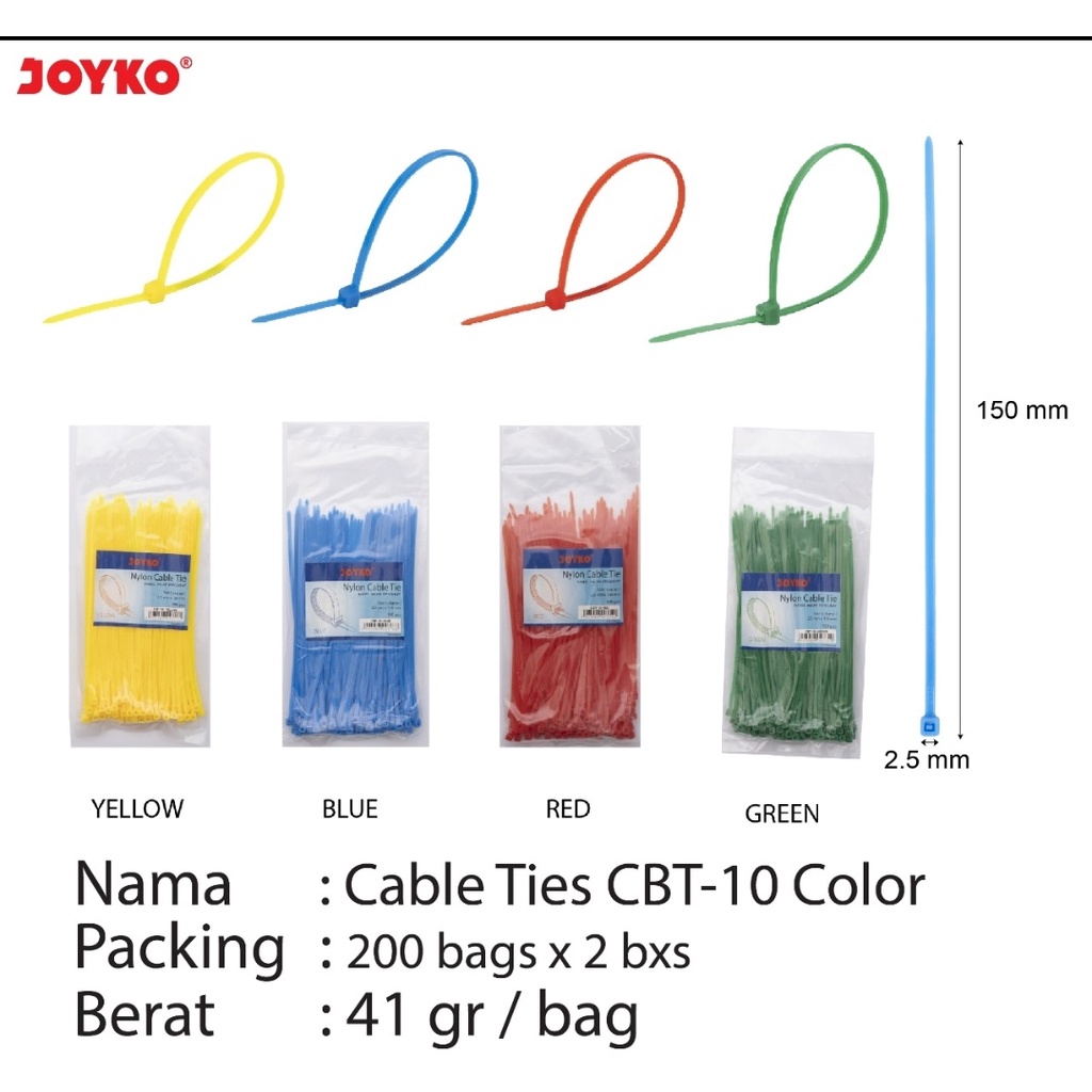 Jual cable ties warna 10 / 15 / 20 cm merek joyko isi 100 buah ( warna ...