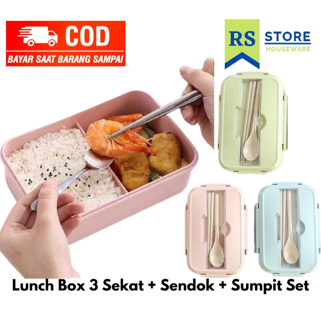 Jual Lunch Box Set 3 Sekat Warna Jerami Kotak Bekal Makan / Tempat ...