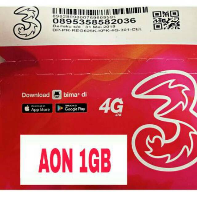 Jual Kartu Perdana internet three AoN 1GB Masa aktif kuota 1 tahun ...