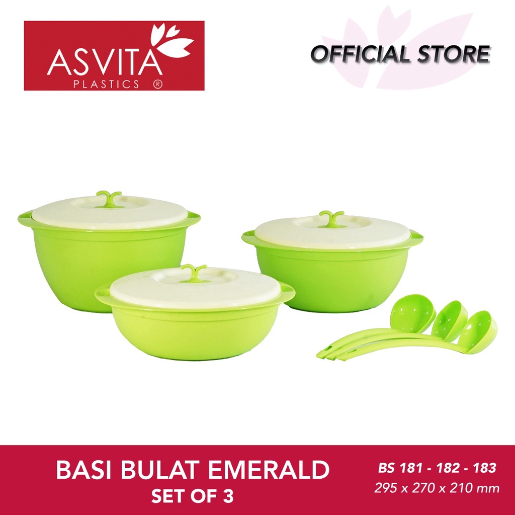 Jual ASVITA Basi Bulat Emerald Sangku + Mangkok Saji + Sendok Plastik Set 3 Pcs Food Grade ...