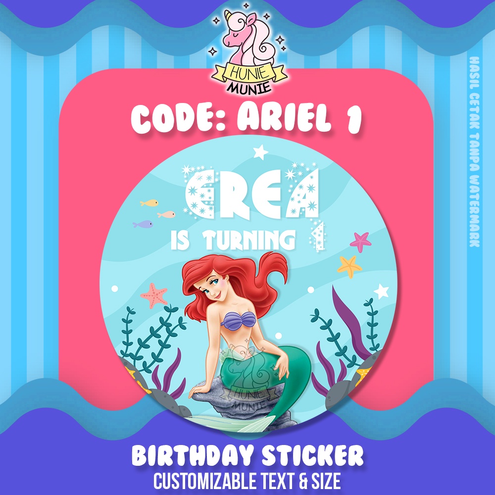 Jual Sticker Birthday Custom - Princess Ariel (20pcs) Stiker Ulang ...