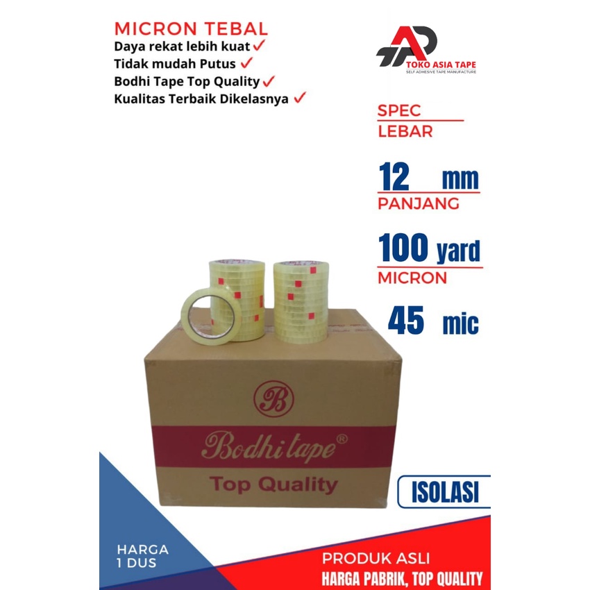 Jual ISOLASI / SELOTIP BENING BODHI TAPE 12MM X 100YARD 1 DUS ISI 288 ...