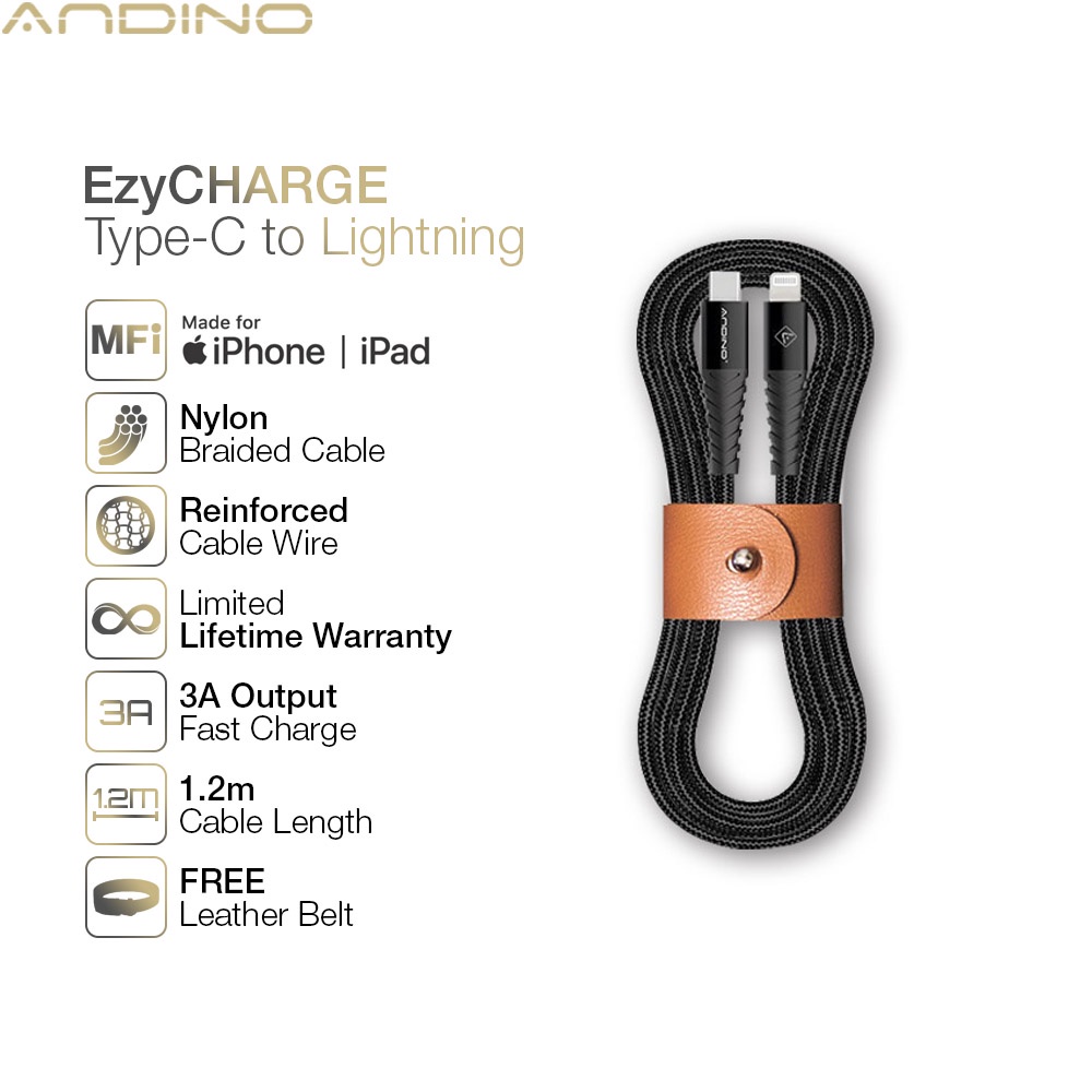 Jual Andino EzyCHARGE Type-C to Lightning Cable - MFI Braided Fast ...