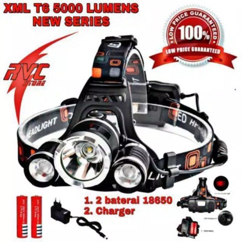 Jual PAKET SENTER KEPALA HEADLAMP XM-L T6 5000 LUMENS NEW BRAND RJ 3000 HITAM | Shopee Indonesia