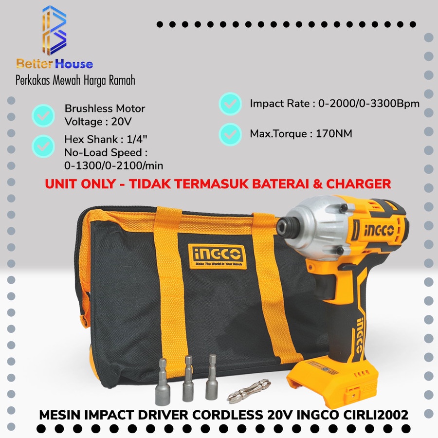 Jual Mesin Screwdriver Cordless 20Volt 170Nm Ingco CIRLI2002 Unit Only ...