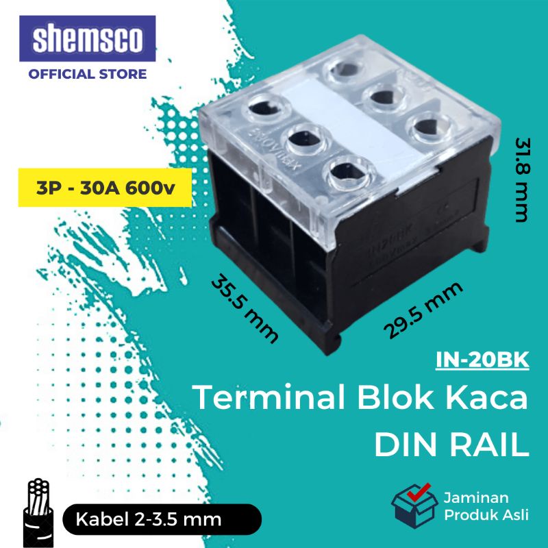 Jual 3P 30A 600v Terminal Blok Kaca IN-20-BK Block Din Rail Shemsco IN-20BK | Shopee Indonesia