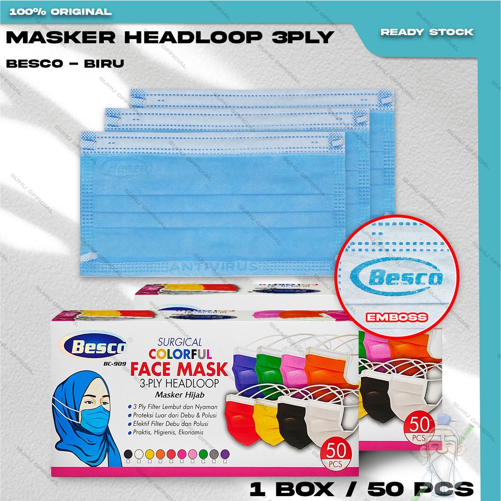 Jual Masker Medis 3Ply BESCO Hijab isi 50Pcs Warna Biru Headloop ...