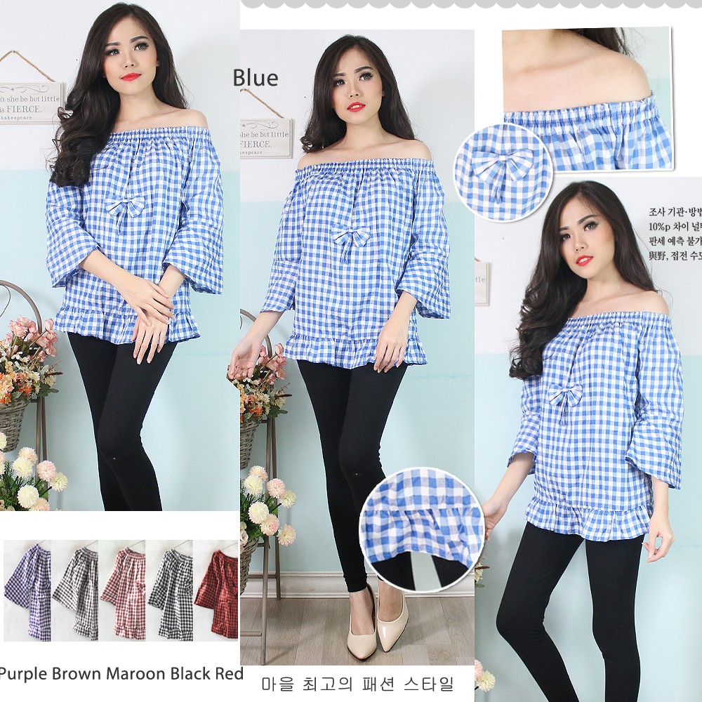 Jual BAJU SABRINA MOTIF KOTAK A0224 | Shopee Indonesia