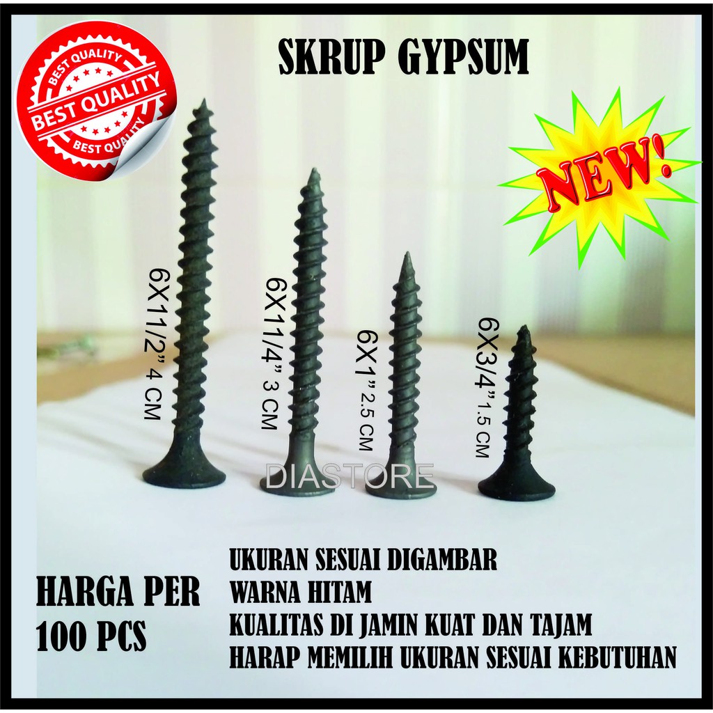 Jual 100 pcs sekrup gypsum ukuran 6x 3/4" 6x 1" 6x11/4" 6x11/2" sekrup hitam kuat dan tajam ...