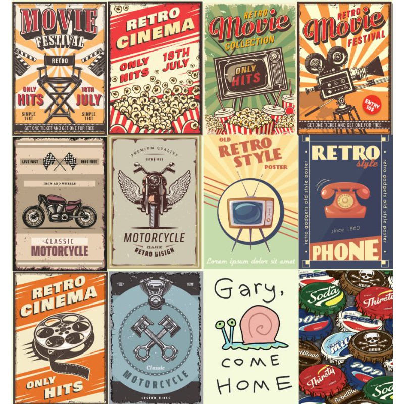 Jual 12 PCS Poster/Stiker Retro Dinding Murah 4 Varian Desain Lengkap ...
