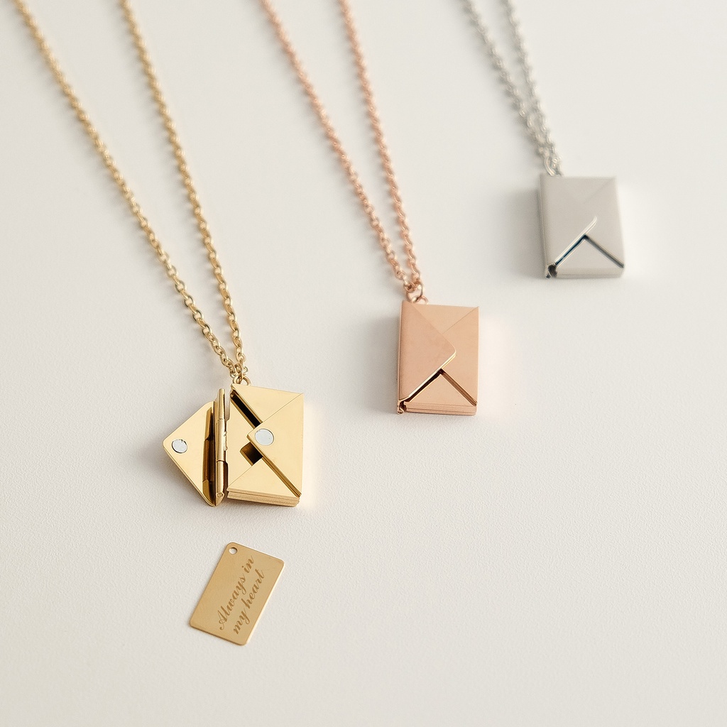 Jual Engrave Me Envelope Message Necklace — 16K Gold Rose Plated Silver ...