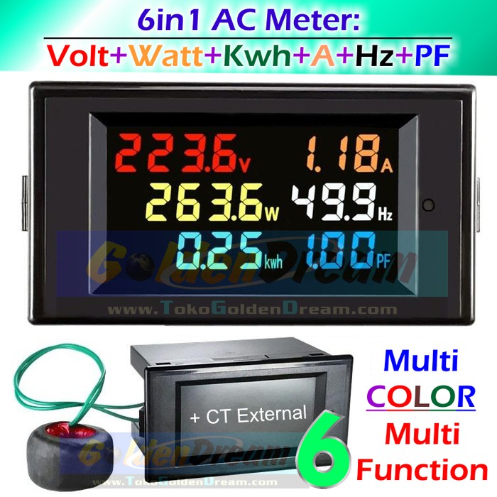 Jual Multi Color 6in1 AC Meter Volt Watt Kwh 100A Hertz Power Factor Hz PF | Shopee Indonesia