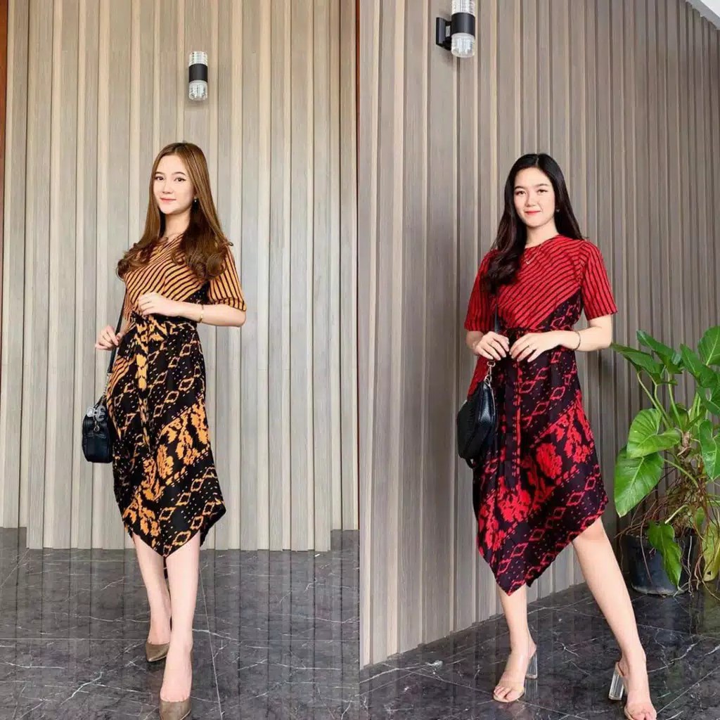 Jual Dress Lancip Tenun Troso Batik Salur Asimetris Midi Etnik Kerja Kondangan Pesta Cantik ...