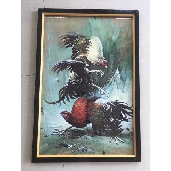 Jual Cetak Gambar Lukisan Ayam Jago Tarung plus bingkai ukuran 65cm x ...