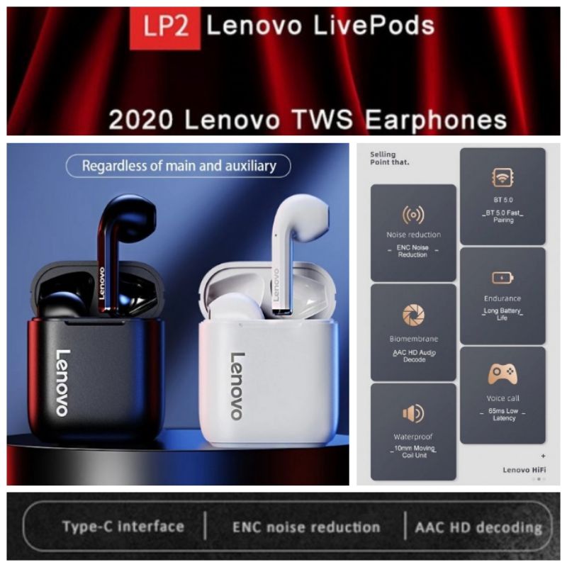 Jual LENOVO LivePods TWS LP2 - Bluetooth TWS Earphones with 300mAh Storage Box | Shopee Indonesia