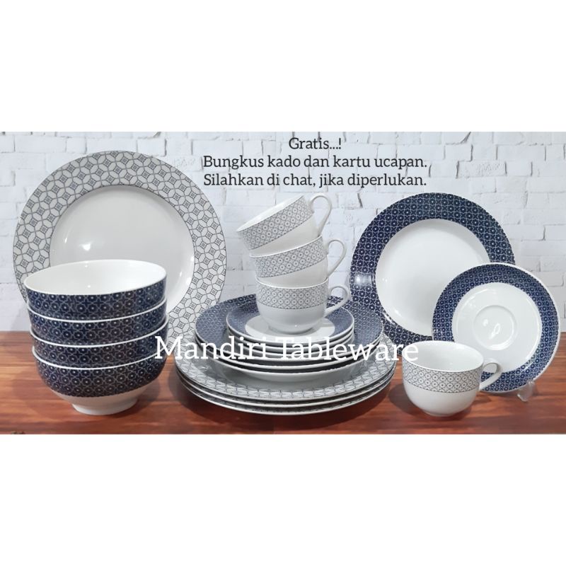 Jual Piring Set Keramik | Dinner Set | Motif Blue Star| Isi: 20 pcs ...
