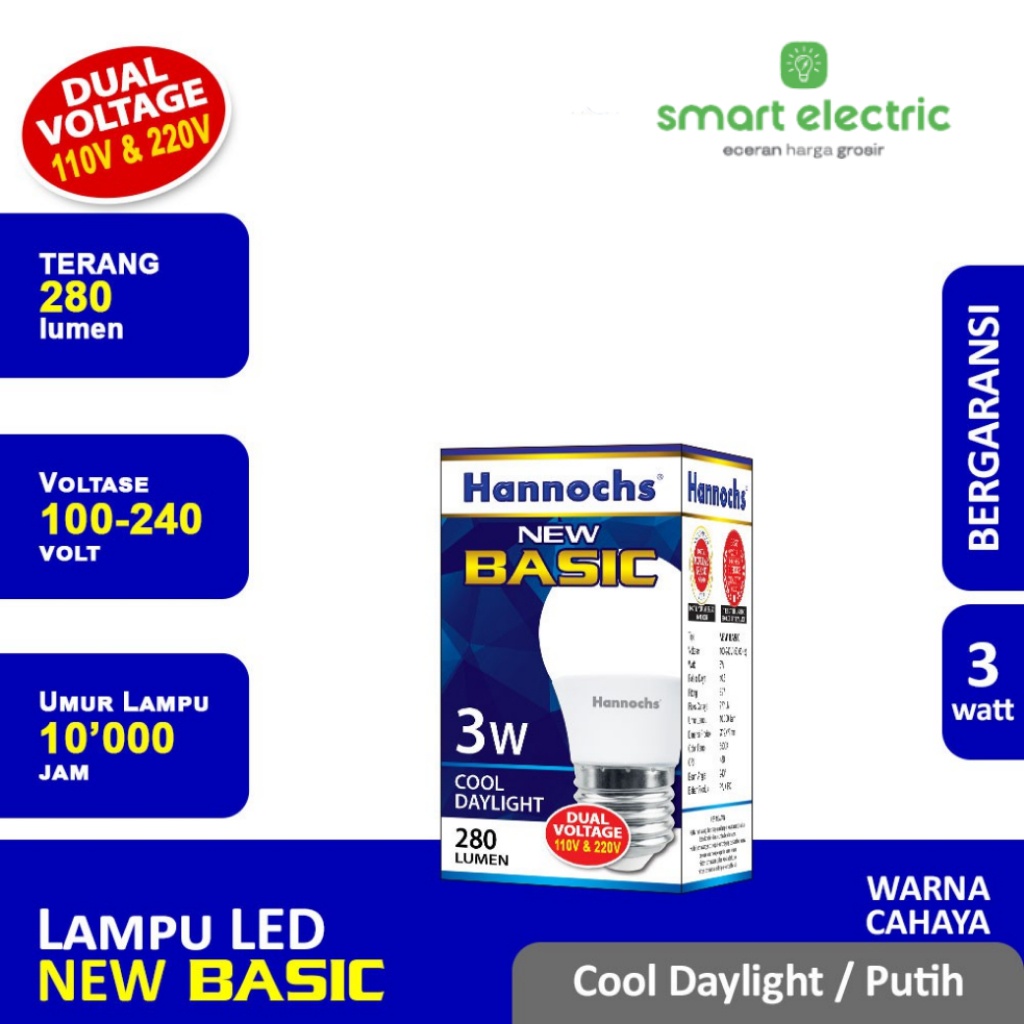 Jual Hannochs Lampu LED New Basic 3 Watt Bohlam Murah Putih Terang ...