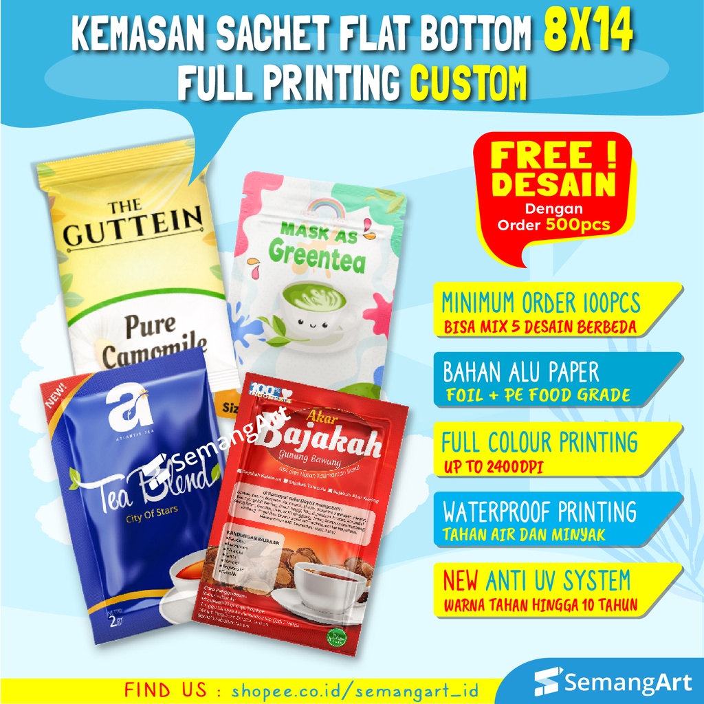 Jual Cetak Kemasan Sachet 8x14 Flat Bottom Plastik Klip Full Printing ...