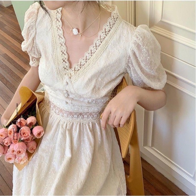 Jual Scarlet Dress Korean Brukat Lace Dinner Mewah V Neck Lengan ...