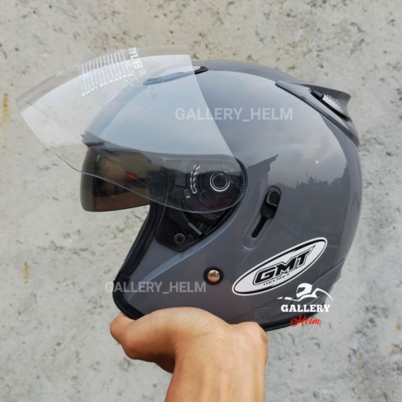 Jual HELM GMT DARK GREY | HELM HALF FACE DOUBLE VISOR | Shopee Indonesia