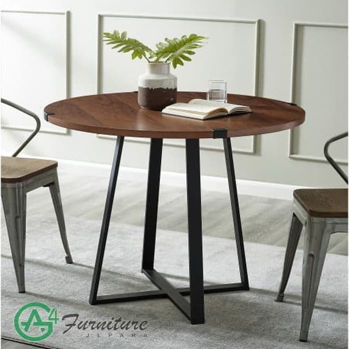 Jual Meja Makan Bundar Kayu Jati Warna Natural Dengan Kaki Besi | Shopee Indonesia