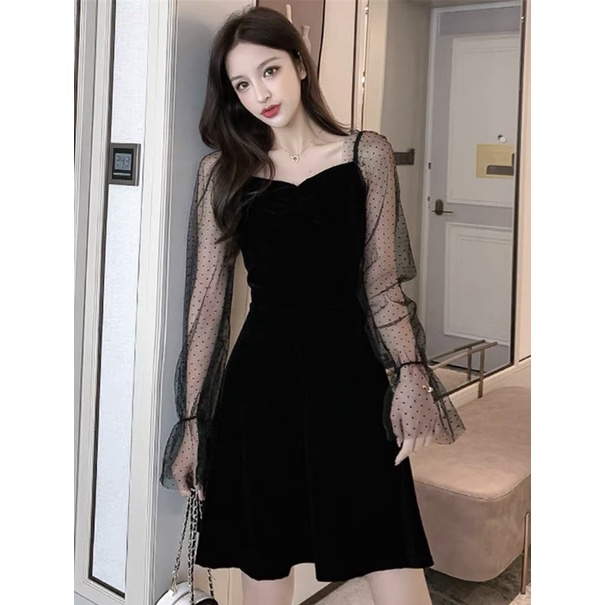 Jual Blairs - dress pesta wanita cewek velvet sifon lengan panjang polkadot dengan lengan mini ...