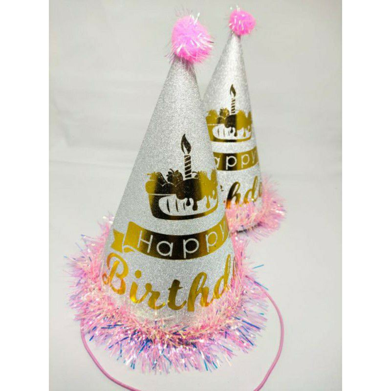 Jual TOPI ULANG TAHUN KERUCUT MOTIF HBD CAKE LILIN RUMBAI PINK 16 ...