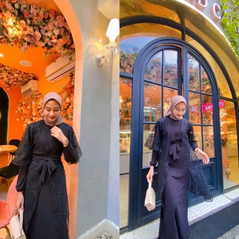Jual Maudy Dress Kimono Satu Set Inner Outer Queenbee Fashion Muslim ...
