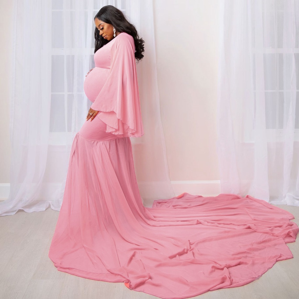Jual Long Sleeve Maxi Maternity Photography Dresses Photoshoot Fitted