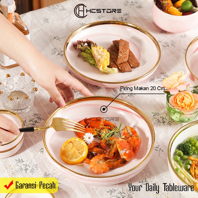 Jual Piring Steak Piring Makan Marble Pink List Gold Ukuran 20cm ...