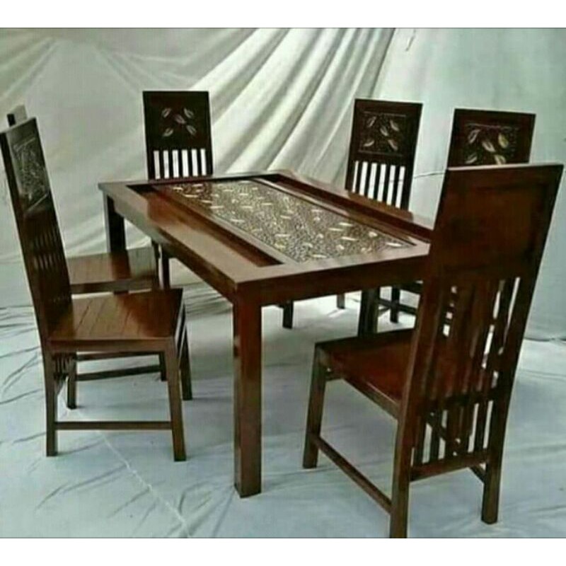 Jual SET MEJA MAKAN MINIMALIS 6 KURSI BAHAN KAYU JATI MODEL ELEGAN COCOK UNTUK KURSI RESTORAN ...