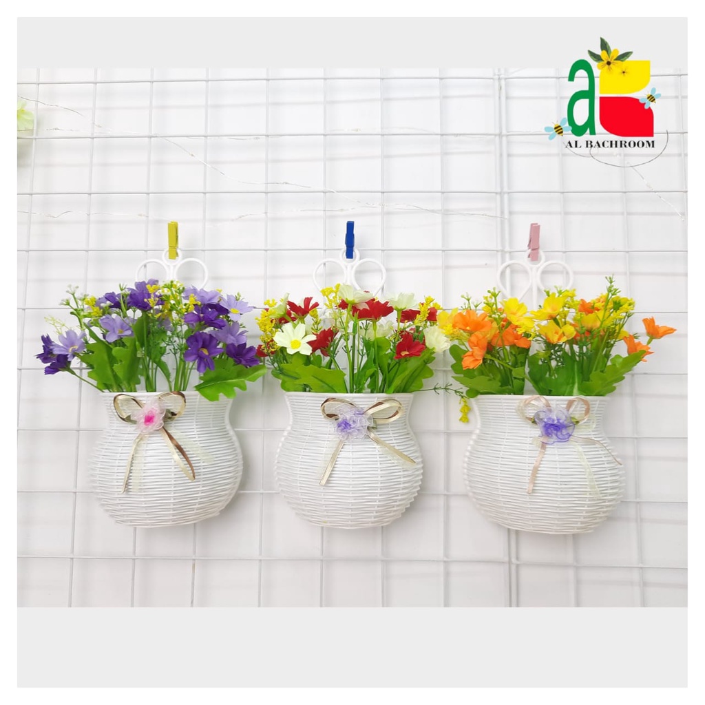 Jual RB6032 RANGKAIAN BUNGA DAYSI KUPU VAS ROTAN PLASTIK DINDING PITA ...