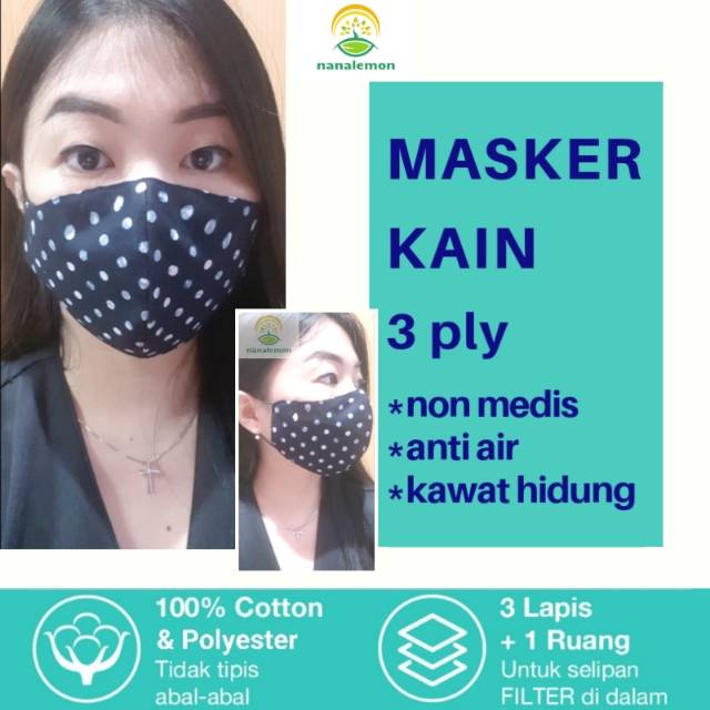 Jual Masker Kain Filter 3 Ply Polkadot 1 pc (Kawat hidung&anti air ...
