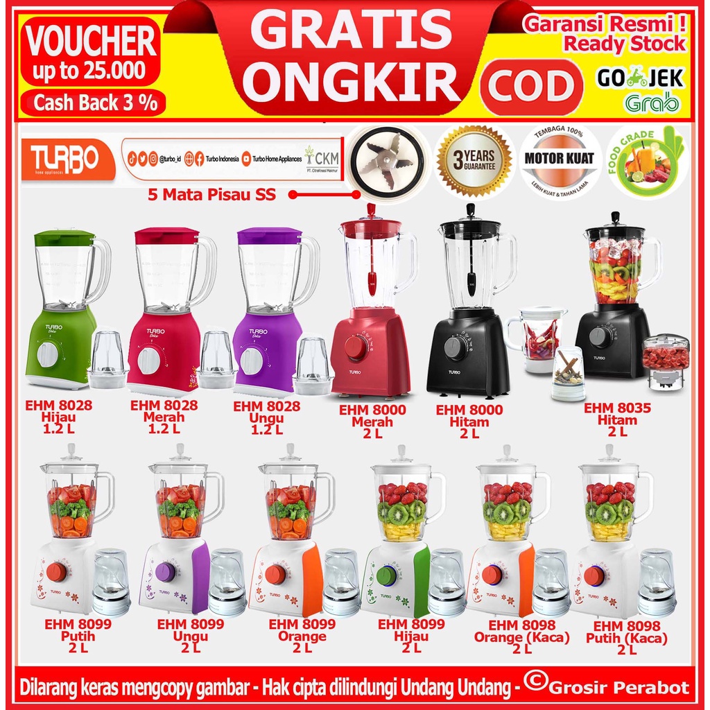 Jual Blender Turbo Plastik Kaca 2 in 1 3 in 1 2in1 3in1 1 Liter 1.2 ...