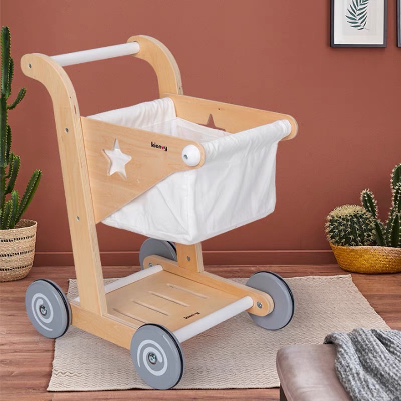 Jual Kienvy Wooden Trolley mainan edukasi gerobak keranjang dorong kayu ...