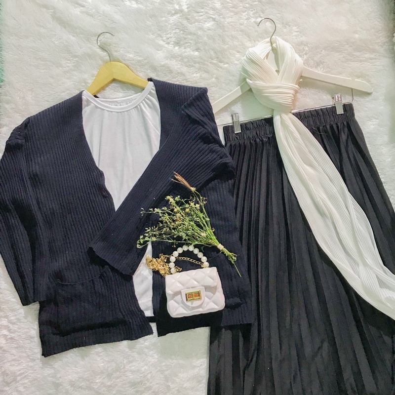 Jual SETELAN OOTD 4IN1 INNER + CARDI + ROK PLISKET + HIJAB / ONE SET ...