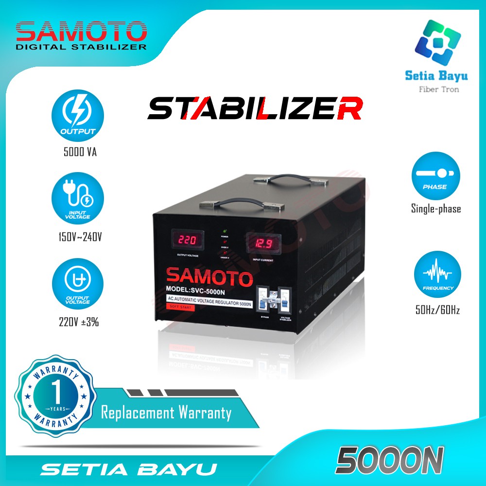 Jual SAMOTO Stabilizer SVC-5000N Single Phase 5000 VA Stavo Listrik SMT ...