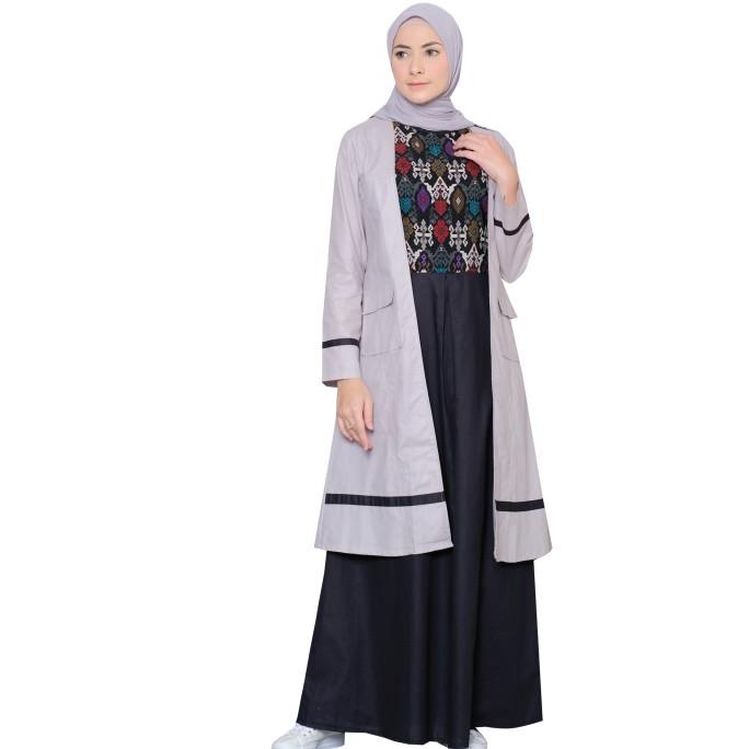 Jual Lunan GO Gamis 2 Pcs Cardigan LS 364 Motif Batik Abu Muda | Shopee ...