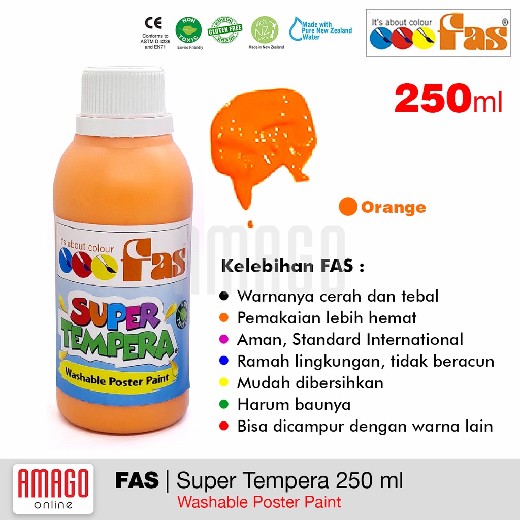 Jual FAS Super Tempera Washable Poster Paint Cat Lukis Cepat Kering Sekolah 250 ml - Pilih Warna ...