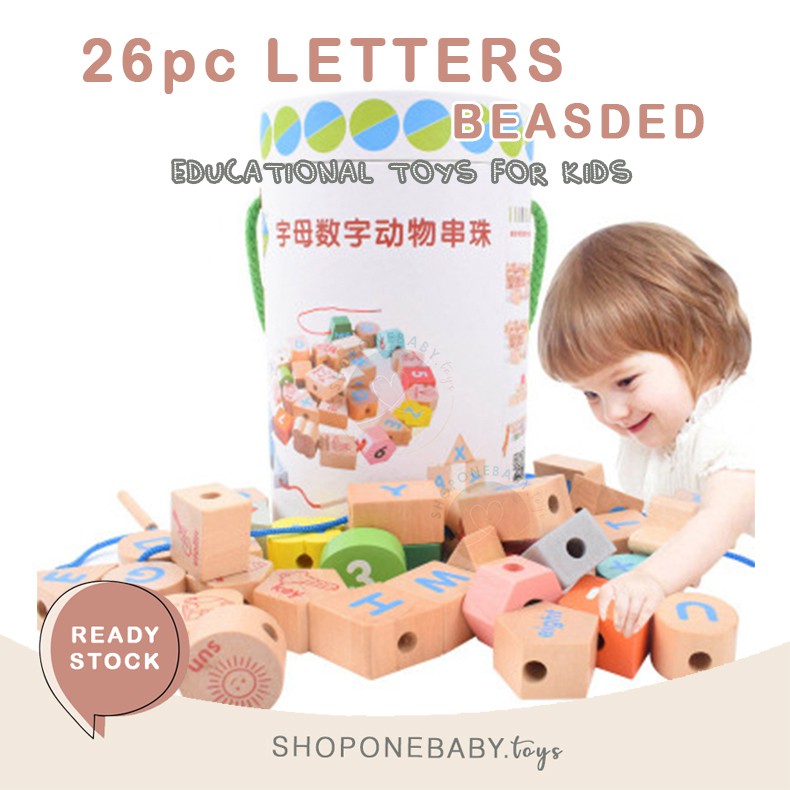 Jual INSTAN Wooden Bead Alphabet Number Blocks Lacing Toys Mainan ...
